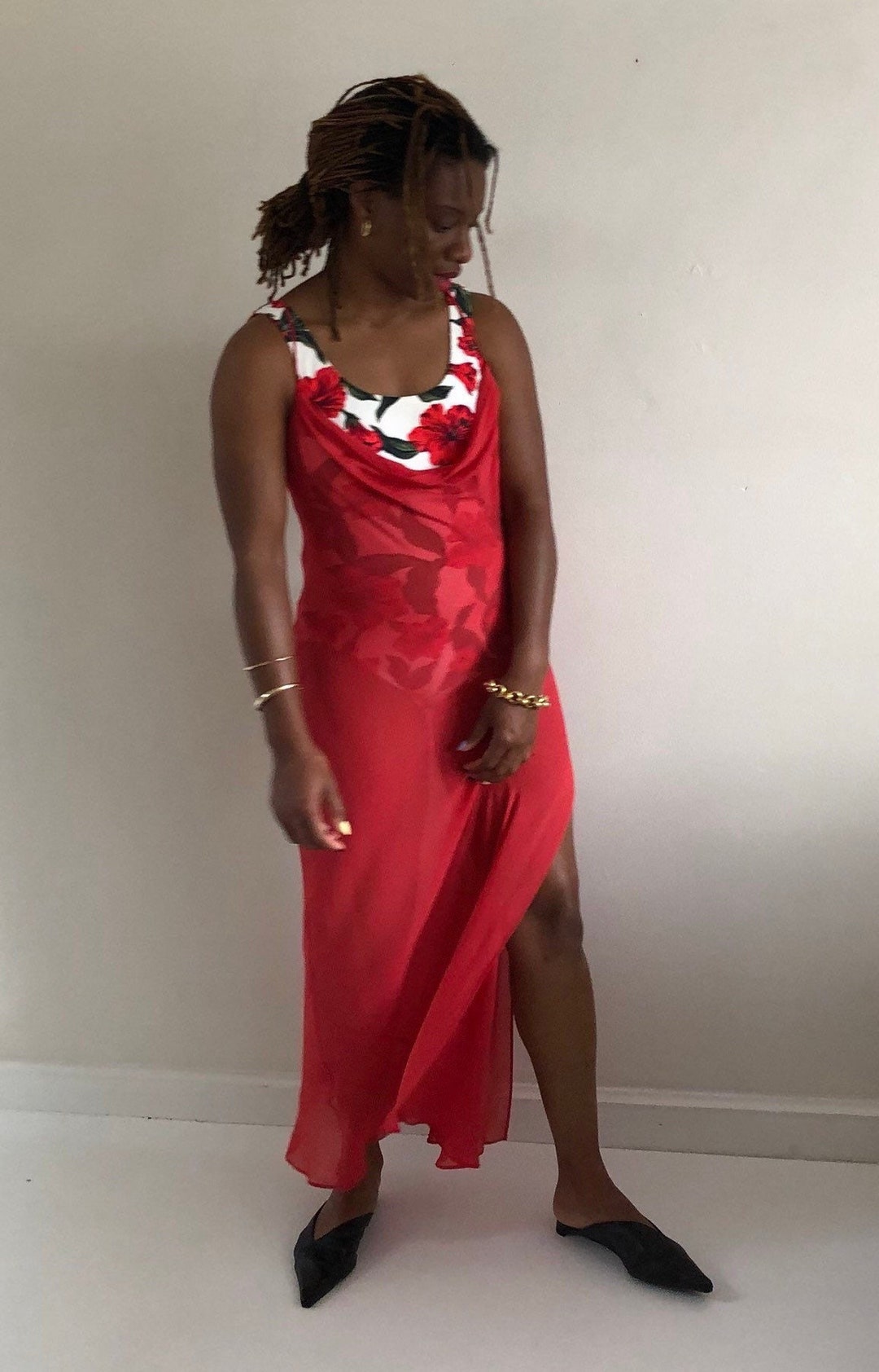 90s Sheer Silk Maxi Slip Dress / Vintage Red Sheer Silk Chiffon Bias ...