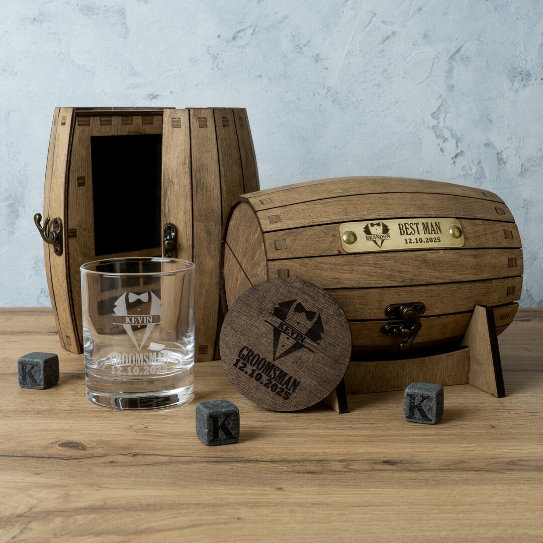 Custom Whiskey Glass Set in Wooden Barel Box, Groomsmen Gift Idea ...