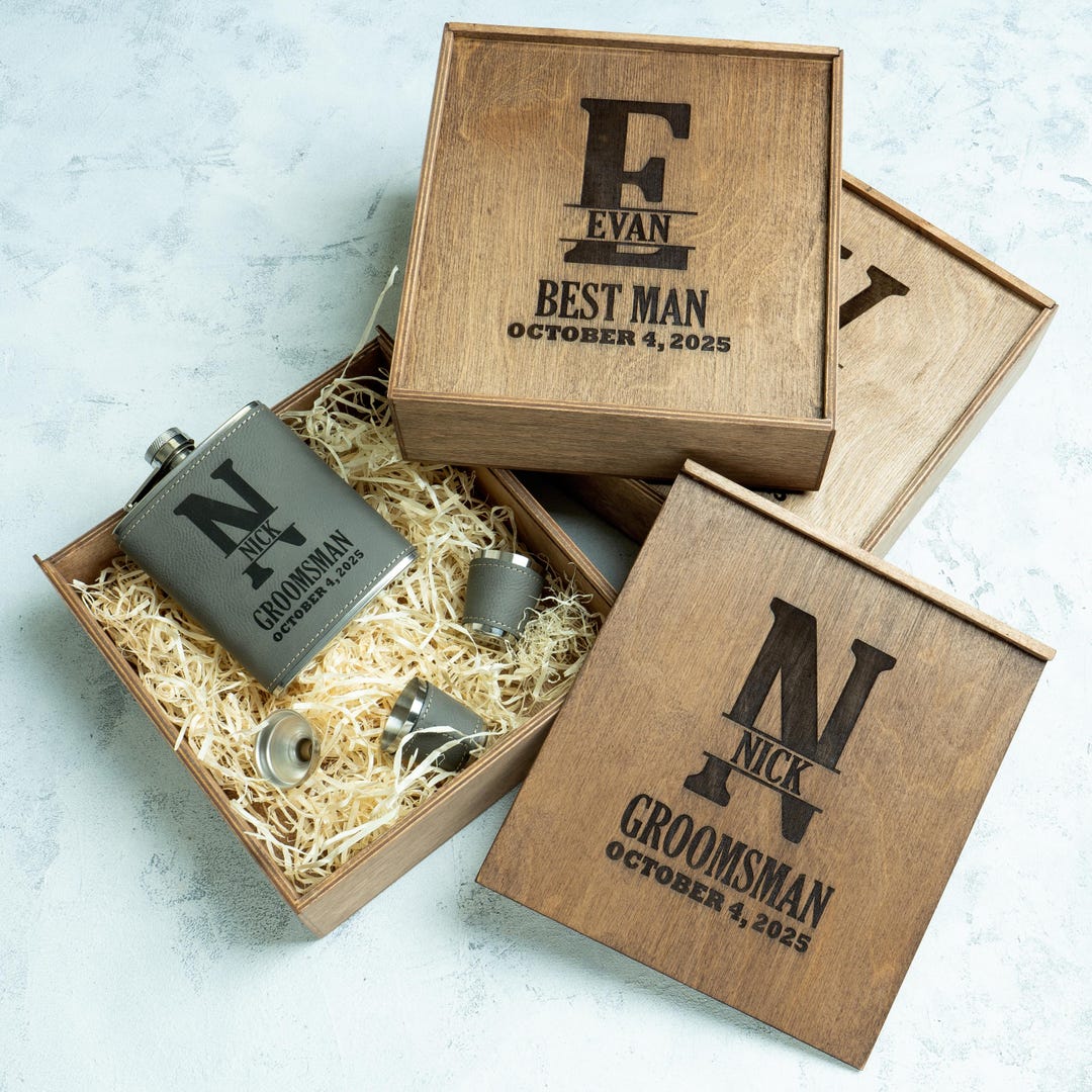 Personalized Groomsmen Flask Set: Engraved Leather Flask, Wooden Gift ...