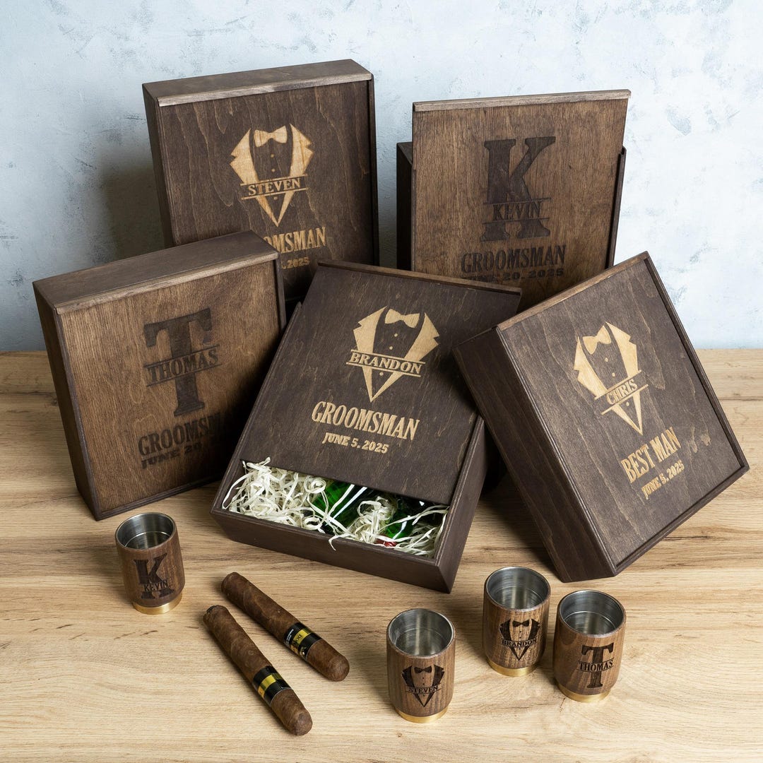 Engraved Wood Gift Box With Shot Glasses: Groomsmen Proposal Set - Etsy