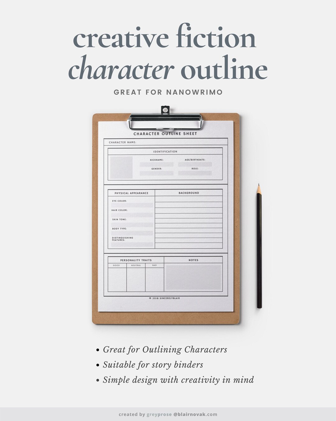 Creative Fiction Character Outline Sheet Printable PDF Instant Download ...