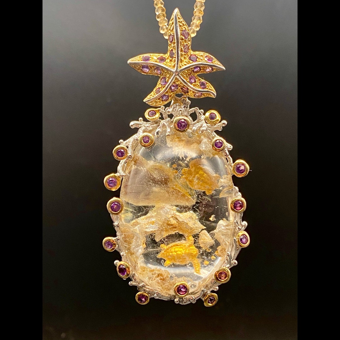 Hand Carved Sea Turtles in Quartz With Amethyst Accents Sterling Silver ...