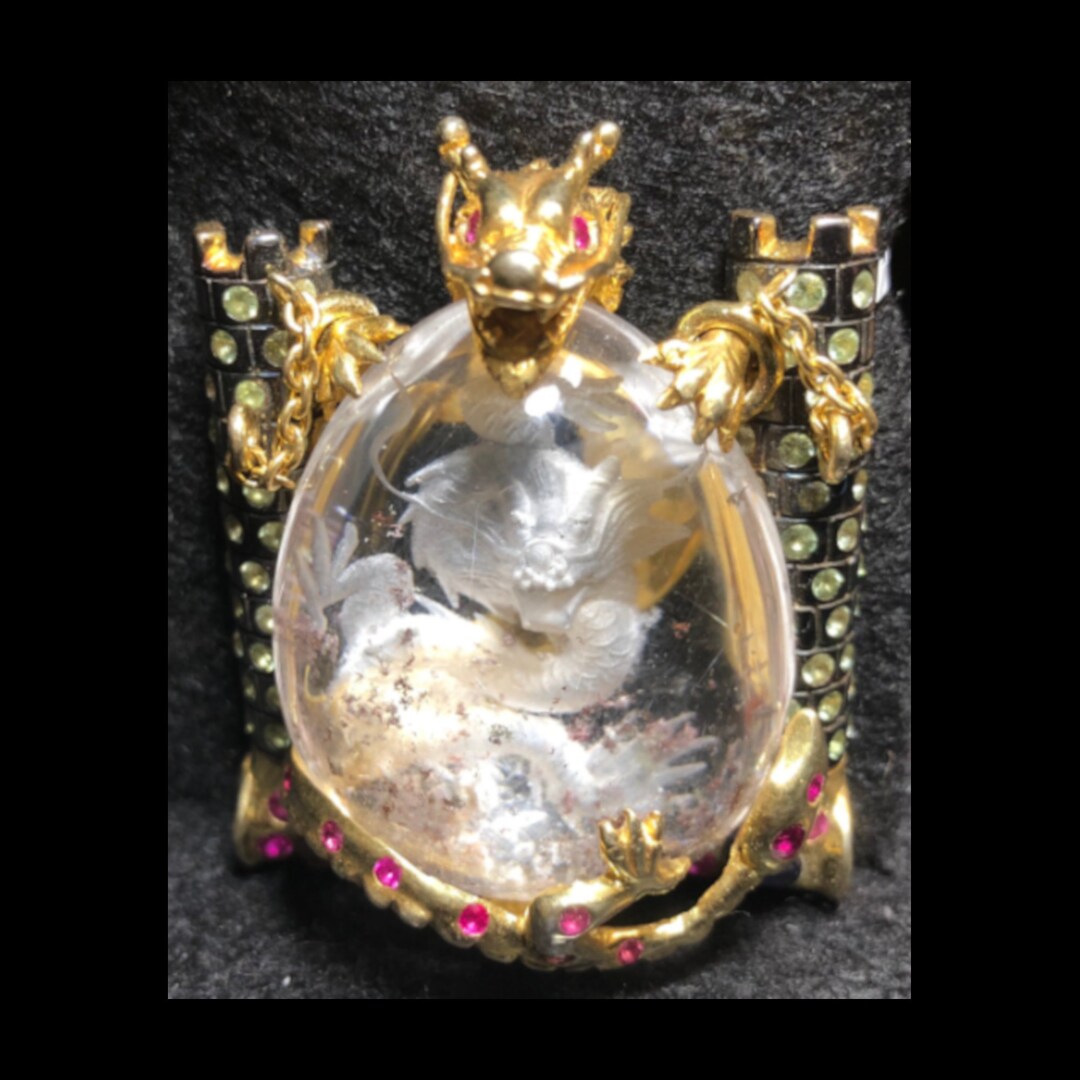 Chlorite/rutile Quartz hand Carved Dragon, Tsavorite, Pink Sapphire ...