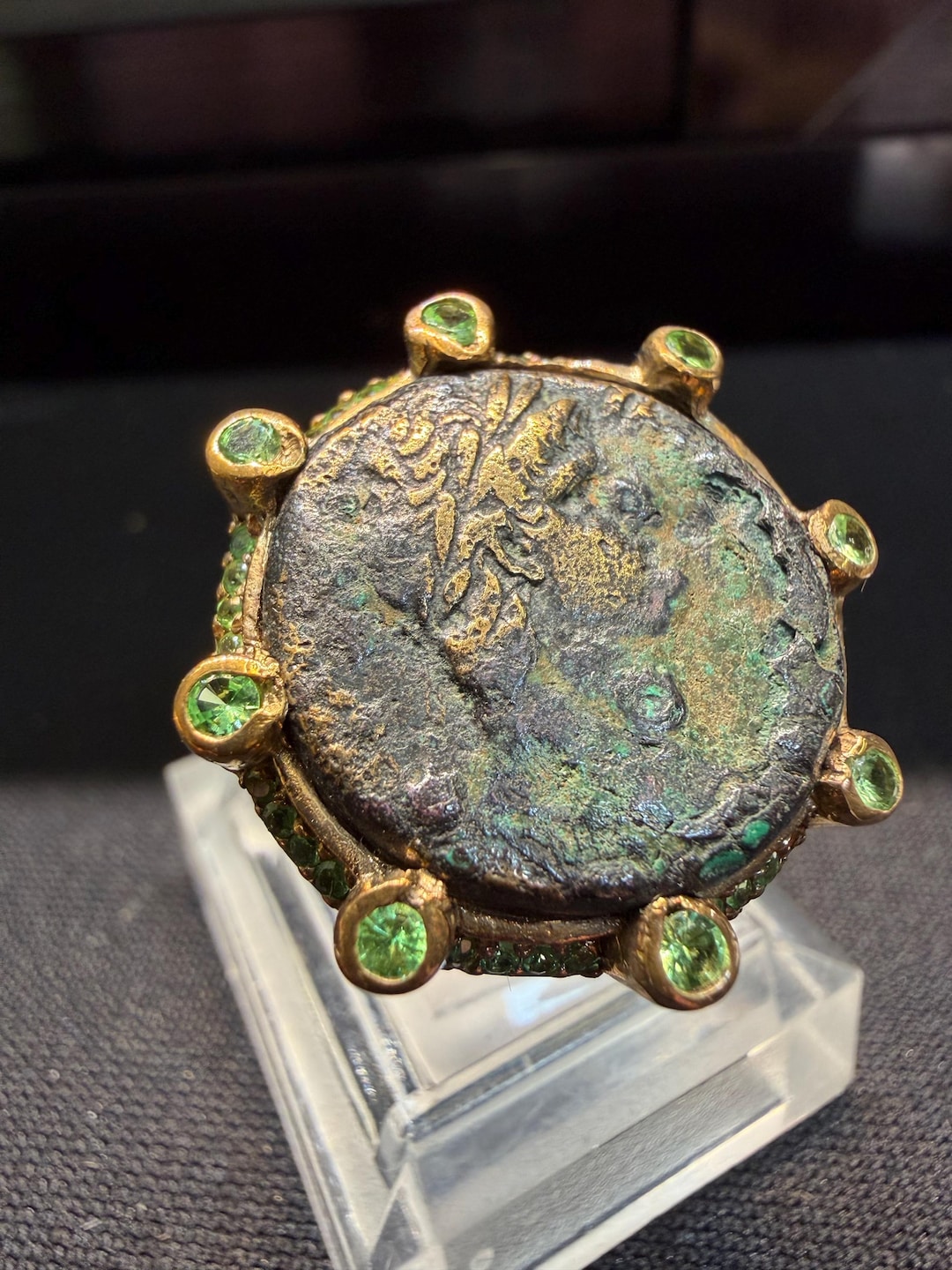 Ancient Roman Nero Coin Ring in Bronze With Vivid Tsavorite Garnet ...
