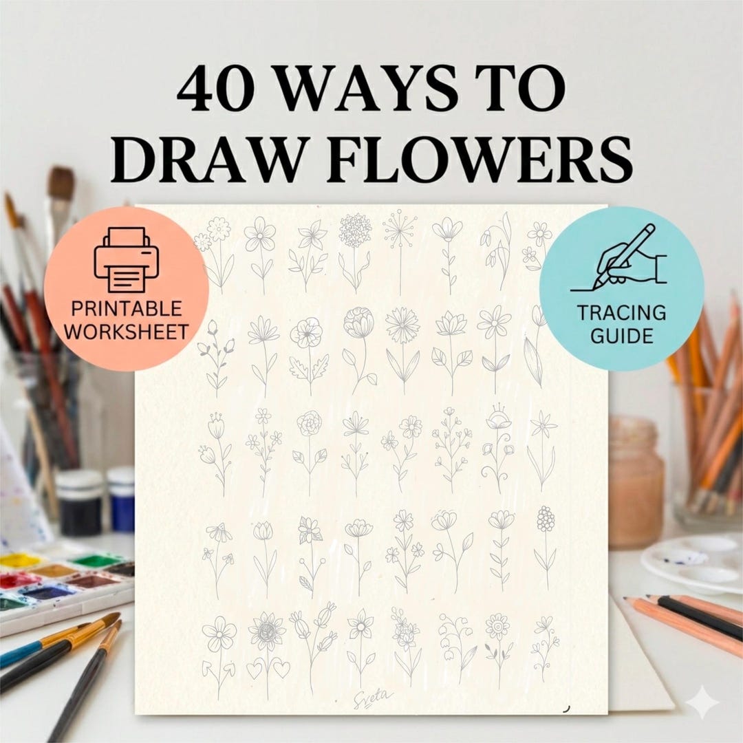 40 Cute Flowers Tracing Guide| Printable Worksheets - Etsy