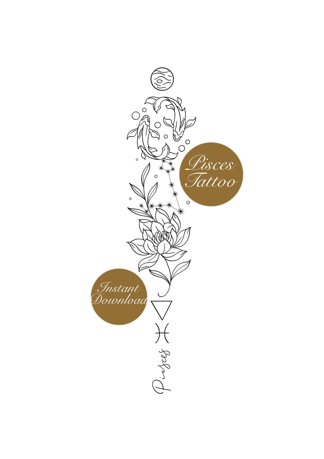 Pisces Zodiac Elements Tattoo Design/ Water Lily Flower Constellation ...