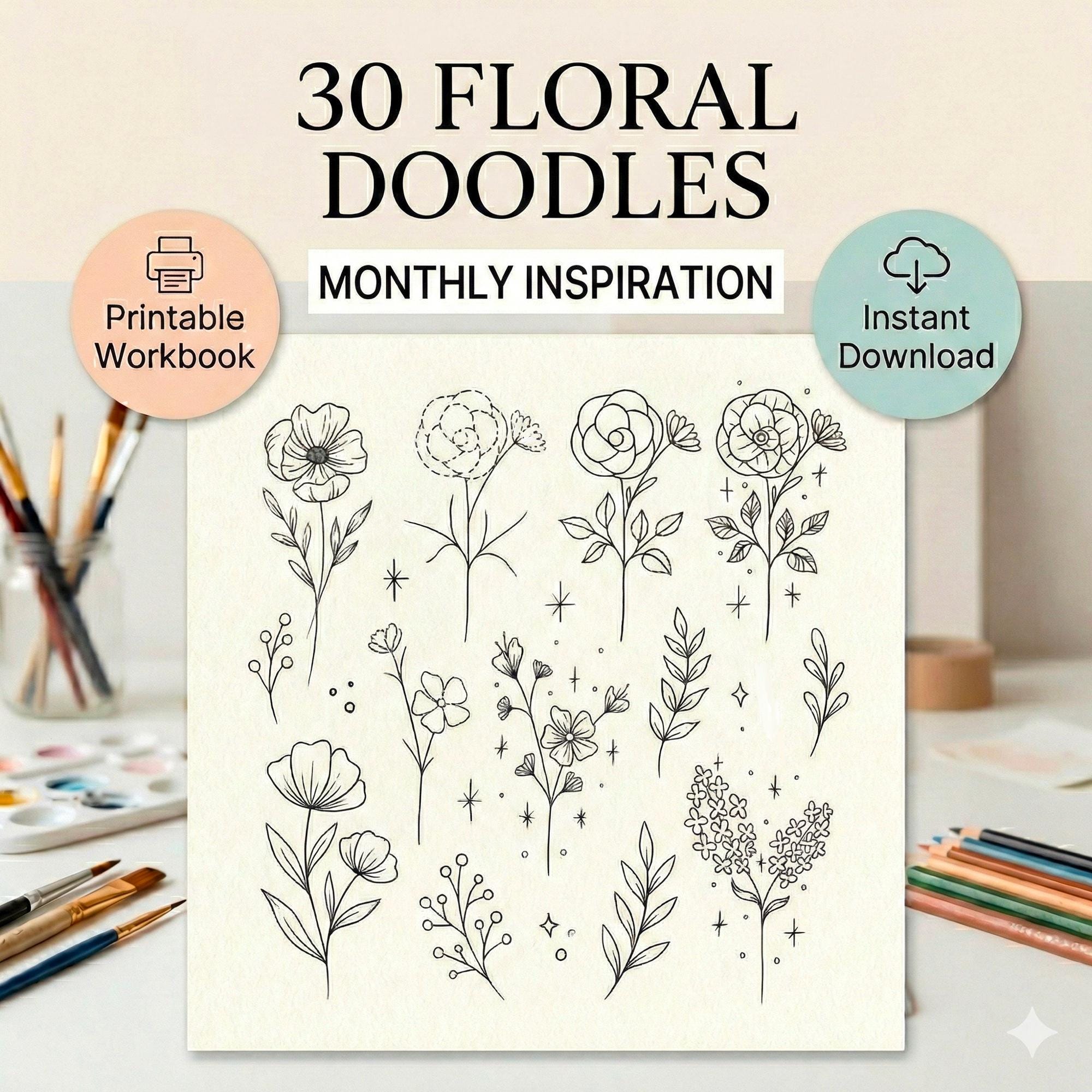 30 Floral Doodles Printable Workbook, Monthly Inspiration (digital ...