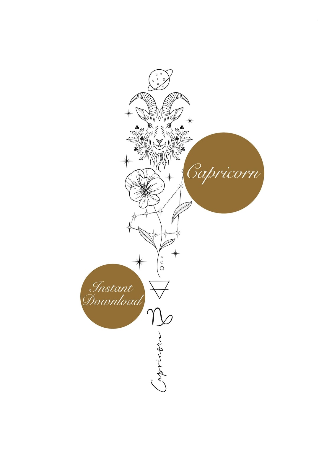 Capricorn Zodiac Symbols Tattoo Design/ Pansy Flower Constellation Fine ...