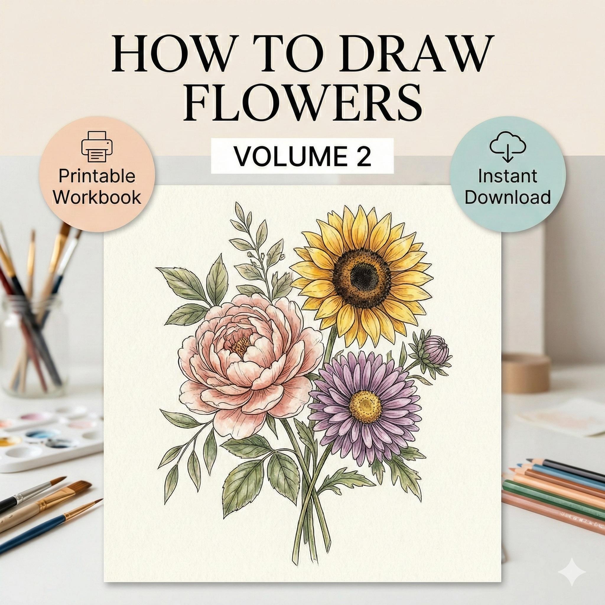 How to Draw Flowers Volume 2, Realistic Floral Worksheets (digital ...