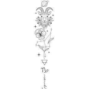 Capricorn Zodiac Symbols Tattoo Design/ Pansy Flower Constellation Fine ...