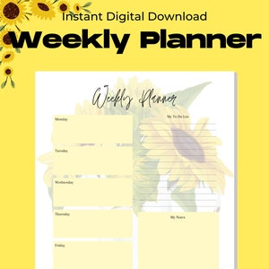 WEEKLY Planner Yellow Sunflowers Design PRINTABLE Instant Download Stay ...