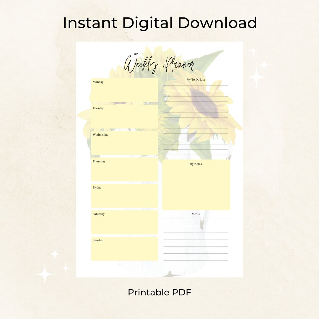 WEEKLY Planner| Yellow Sunflowers Design | PRINTABLE | Instant Download ...