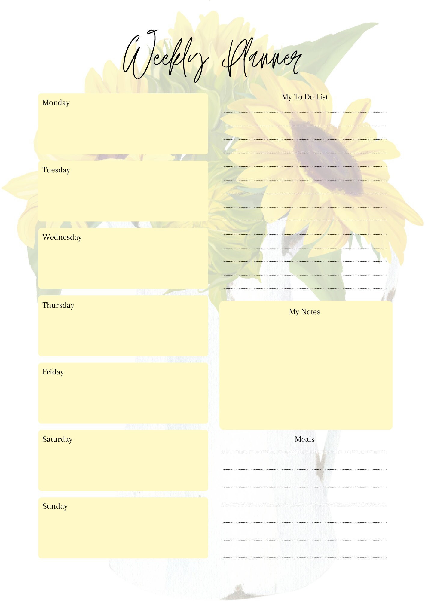 WEEKLY Planner Yellow Sunflowers Design PRINTABLE Instant Download Stay ...