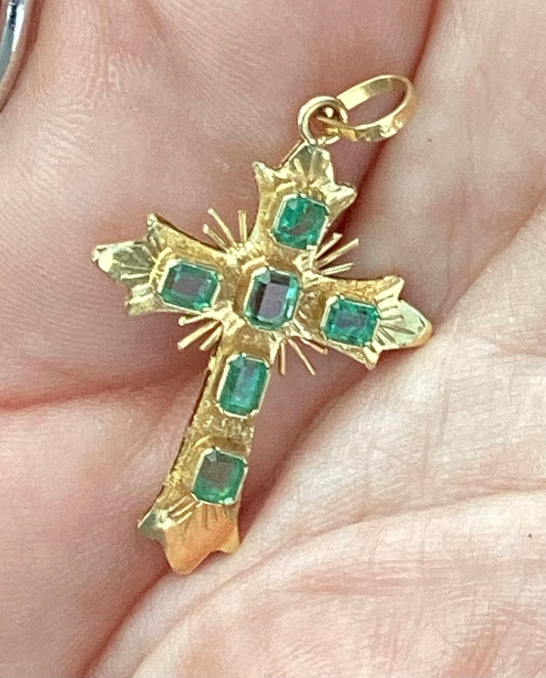 18 K Gold Cross With High Quality Emeralds: Colombian Antique Style ...