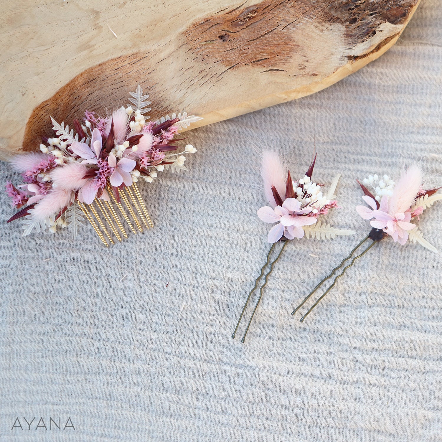 Hair Combs ELEANOR Dried and Preserved Flower Pastel Pink and ...
