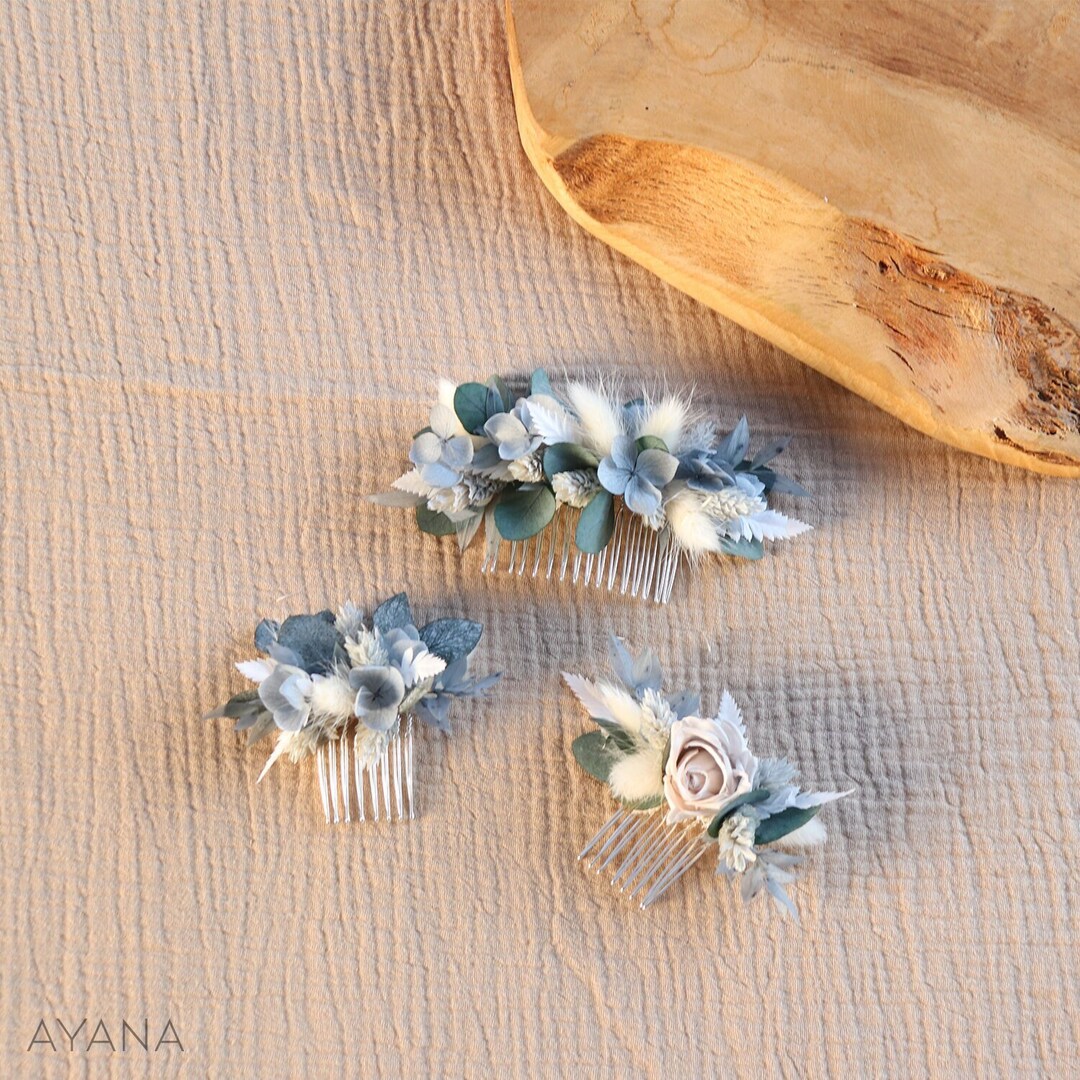 Comb ELSA With Dried and Preserved Flowers Gray and Dusty Blue Tone for ...