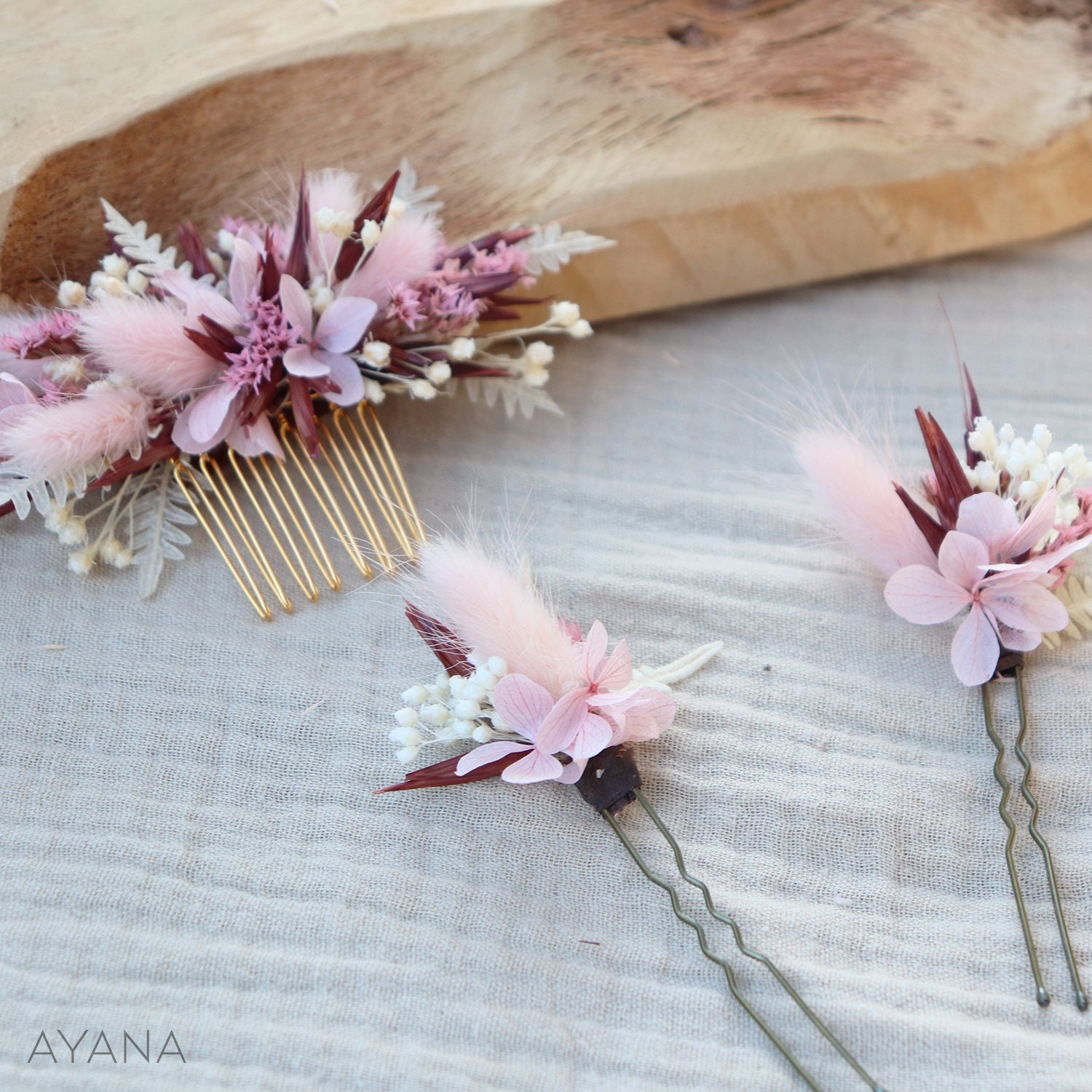 Hair Combs ELEANOR Dried and Preserved Flower Pastel Pink and ...
