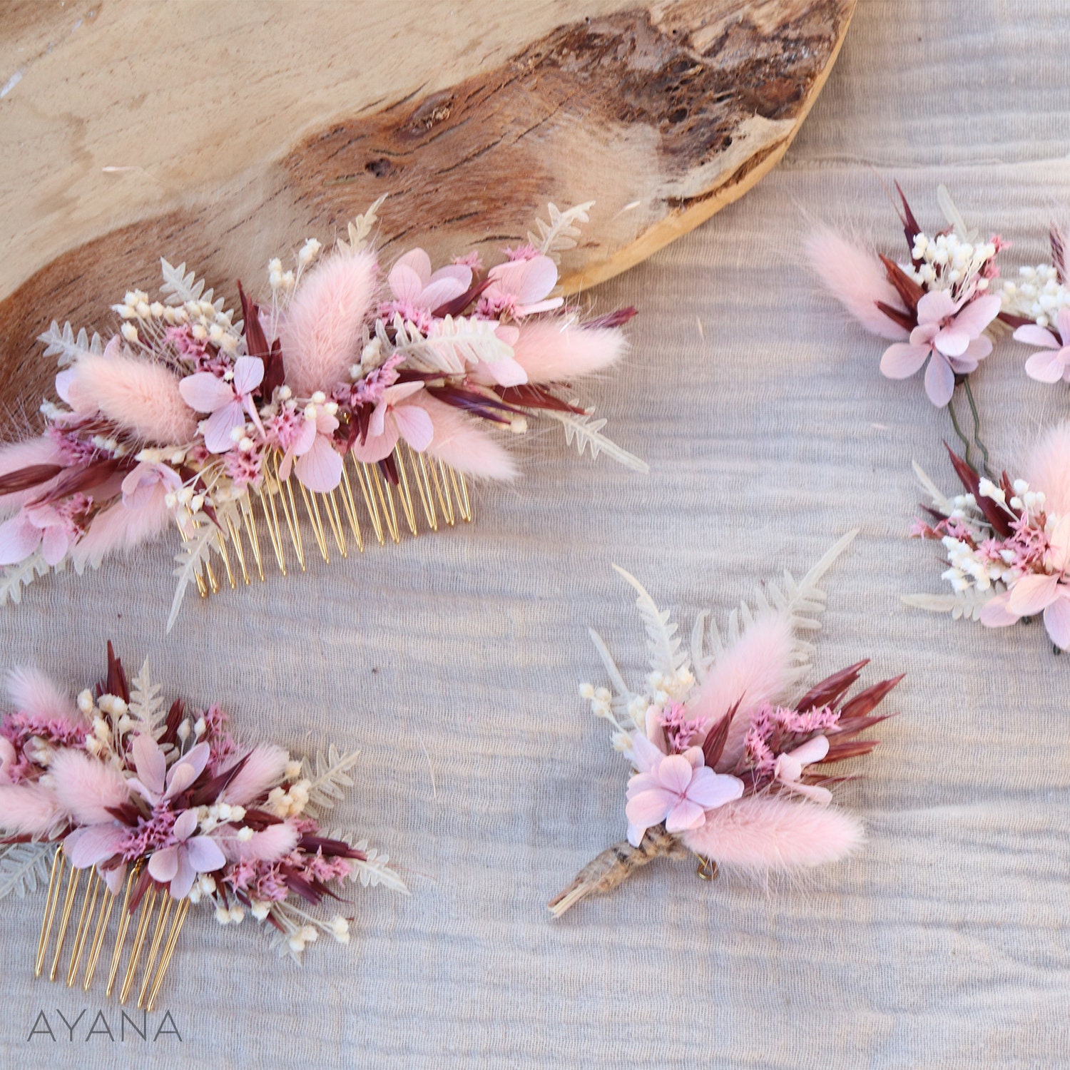 Hair Combs ELEANOR Dried and Preserved Flower Pastel Pink and | Etsy