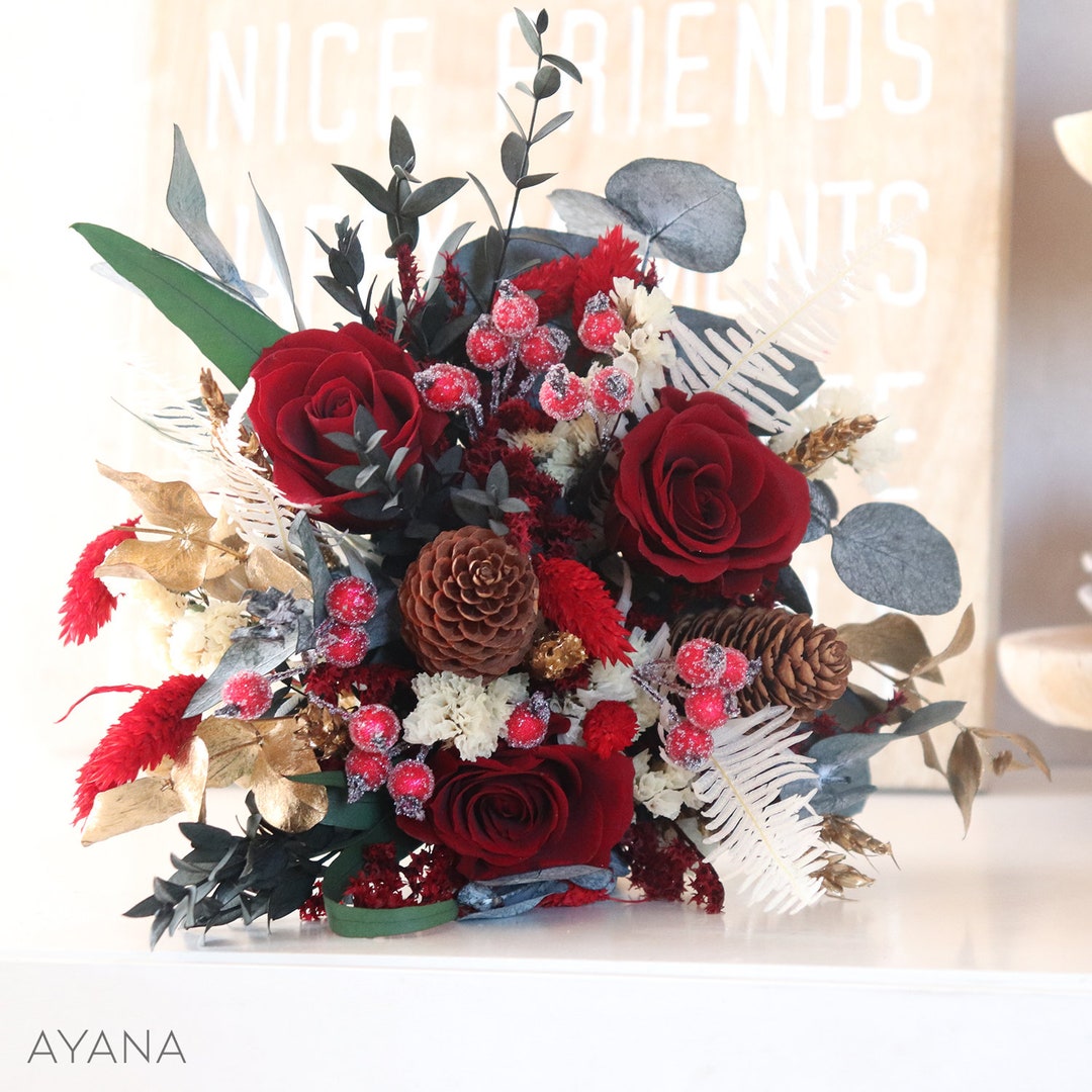 Bouquet FRANCFORT Red Green and Gold, Dried and Preserved Flower ...