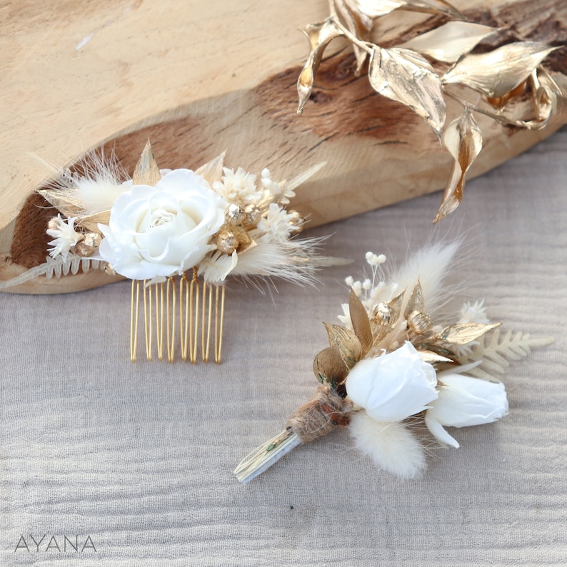 Buttonhole CHIC Brooch for Groom Suit Dried and Preserved Flowers White ...