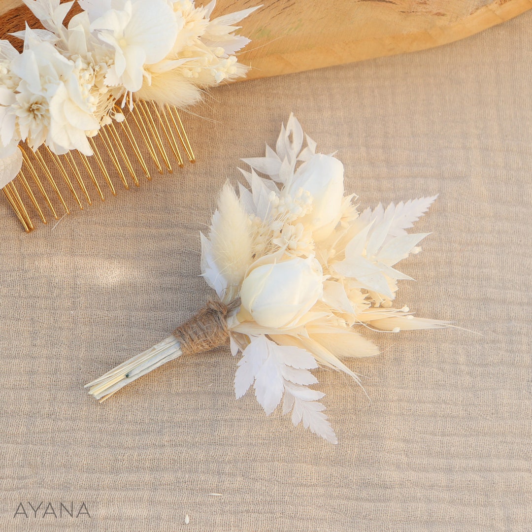 Groom Buttonhole OSMOSE Preserved and Dried White Flowers Brooch, Boho ...