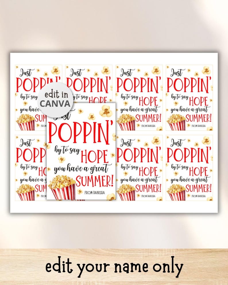 Last Day of School Gift Tag, Popping by Tag, Popcorn Summer Tag, End of ...