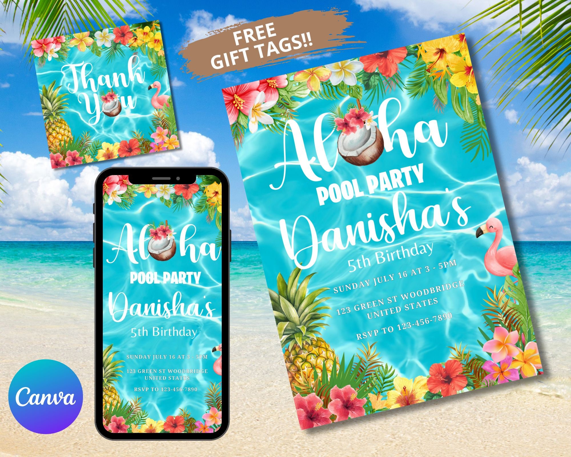 Editable Aloha Pool Party Invitation, Hawaiian Birthday Invite ...