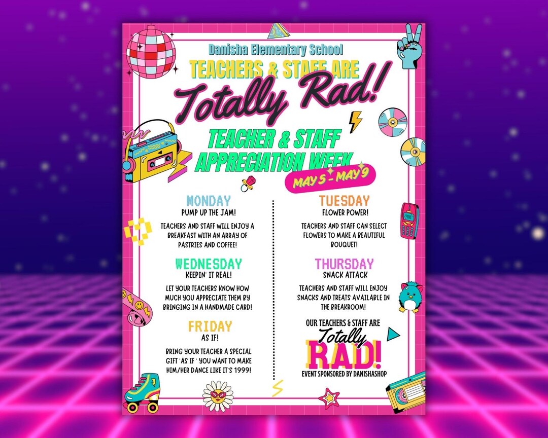 Editable 90s Theme Teacher Appreciation Week Itinerary (CANVA Template ...