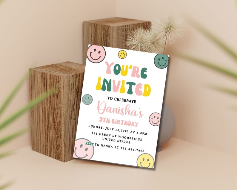 Editable Smileys Birthday Party Invitation Template, Smiley Faces ...