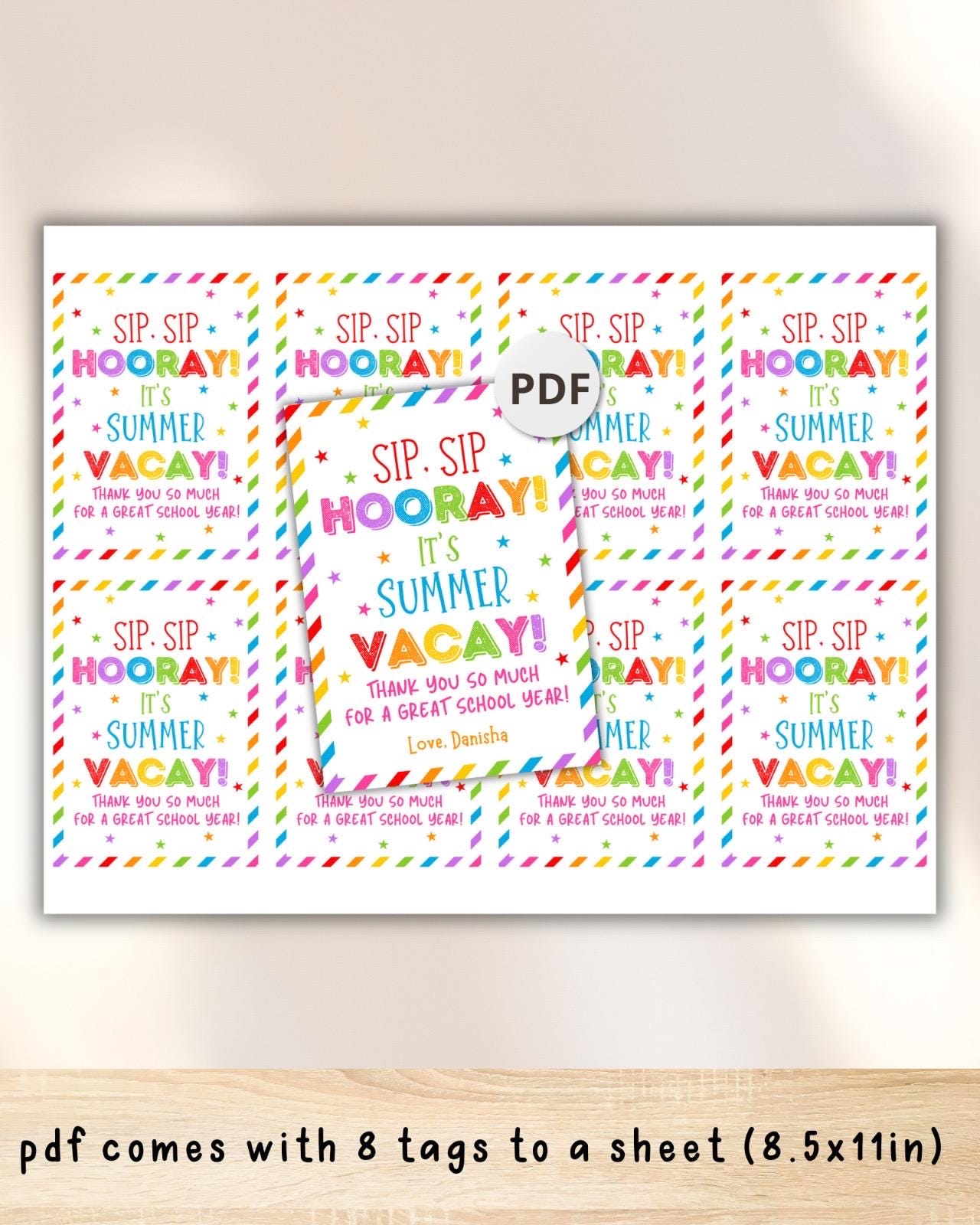 Sip Sip Hooray It's Summer Vacay Gift Tag Template, Printable Teacher ...