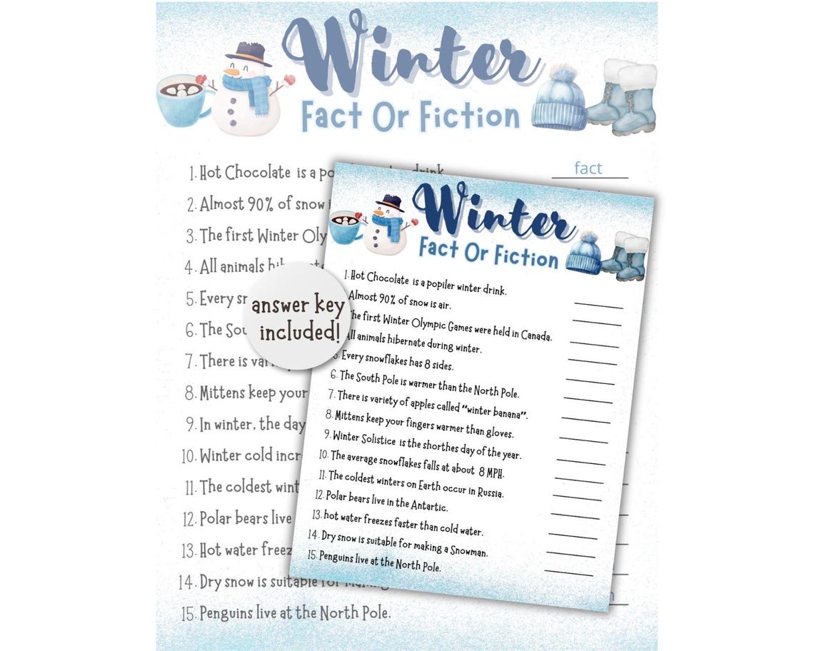Winter Fact or Fiction Game for Teens & Adults, Winter True or False ...