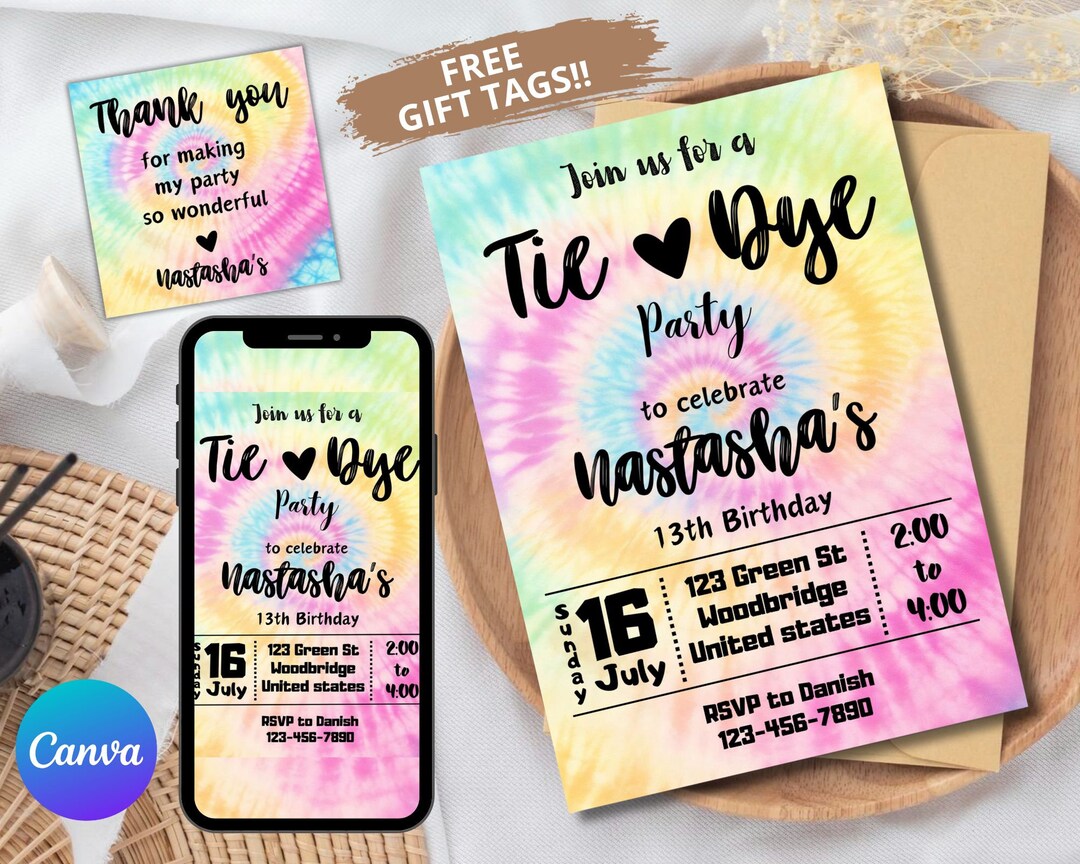 Tie Dye Birthday Invitation Rainbow, Tie Dye Party Printable ...