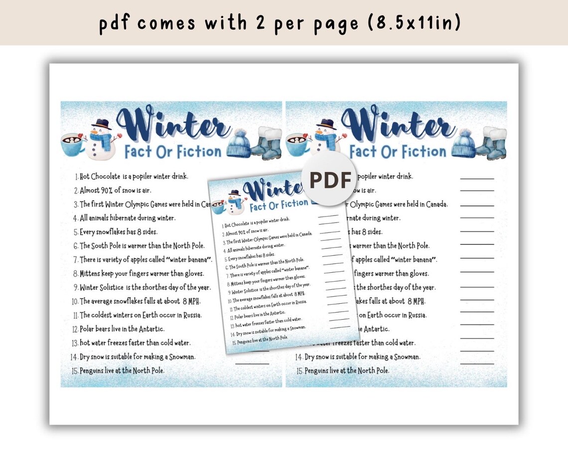 Winter Fact or Fiction Game for Teens & Adults, Winter True or False ...