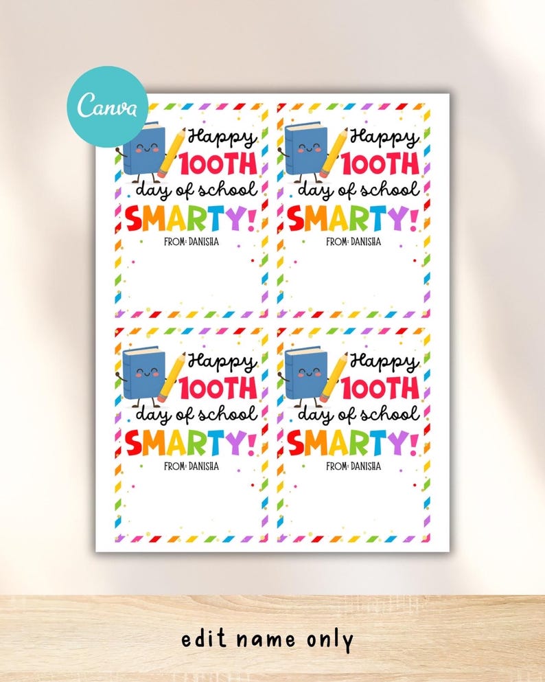 100 Days of School Smarties Tag, Printable Favor (digital Download) - Etsy