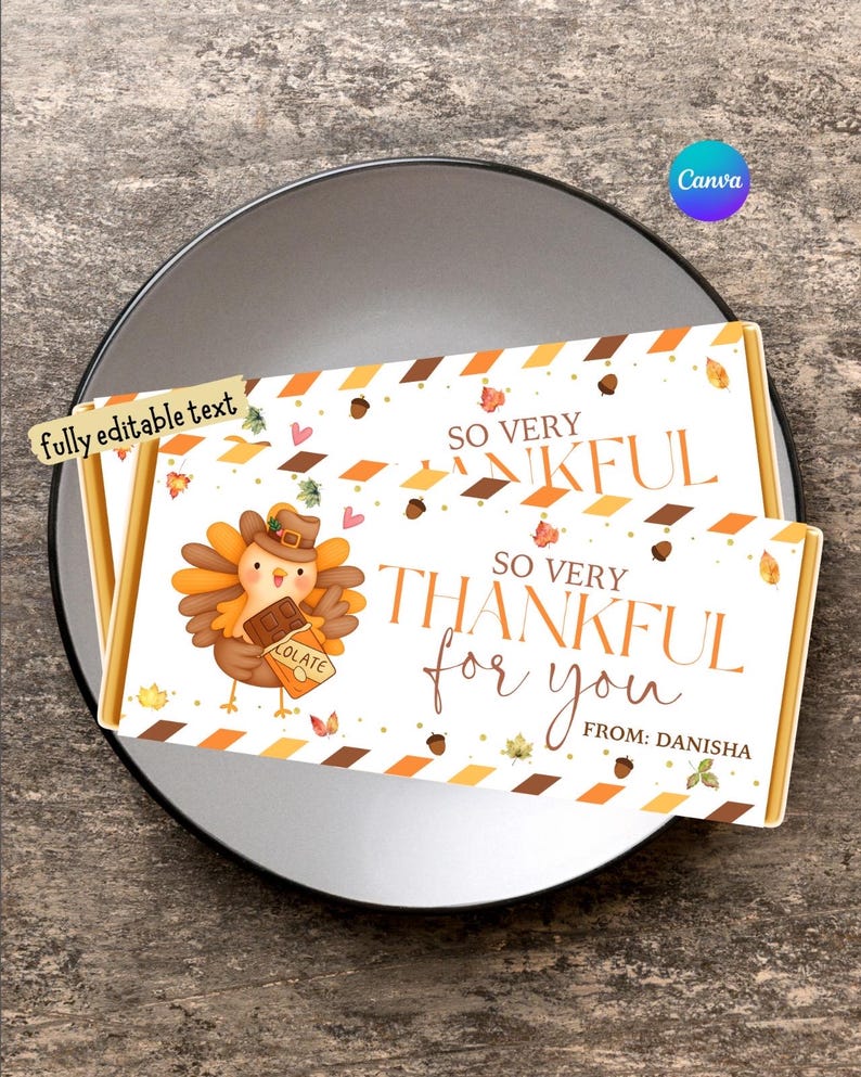 Thankful Chocolate Wrapper, Editable Thanksgiving Favor (digital ...