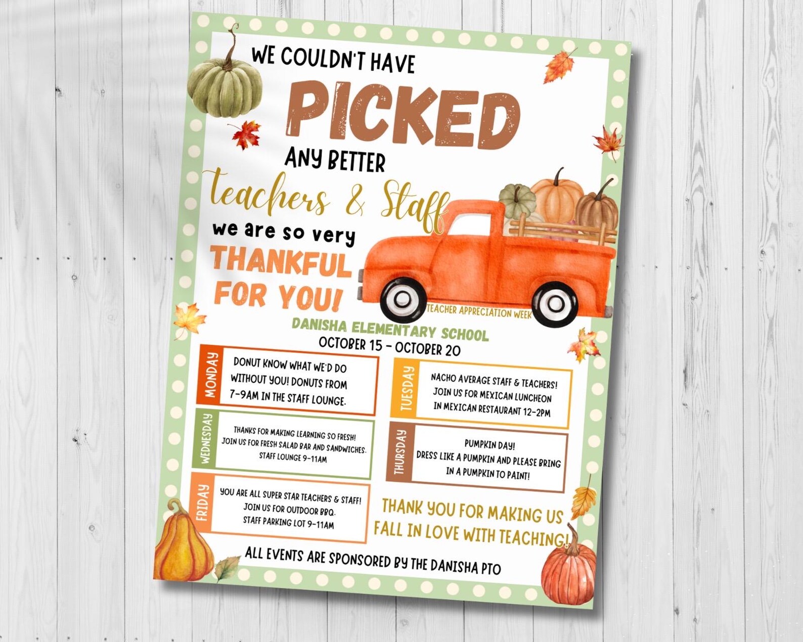 Editable Fall Teacher Appreciation Week Itinerary Schedule, Events ...