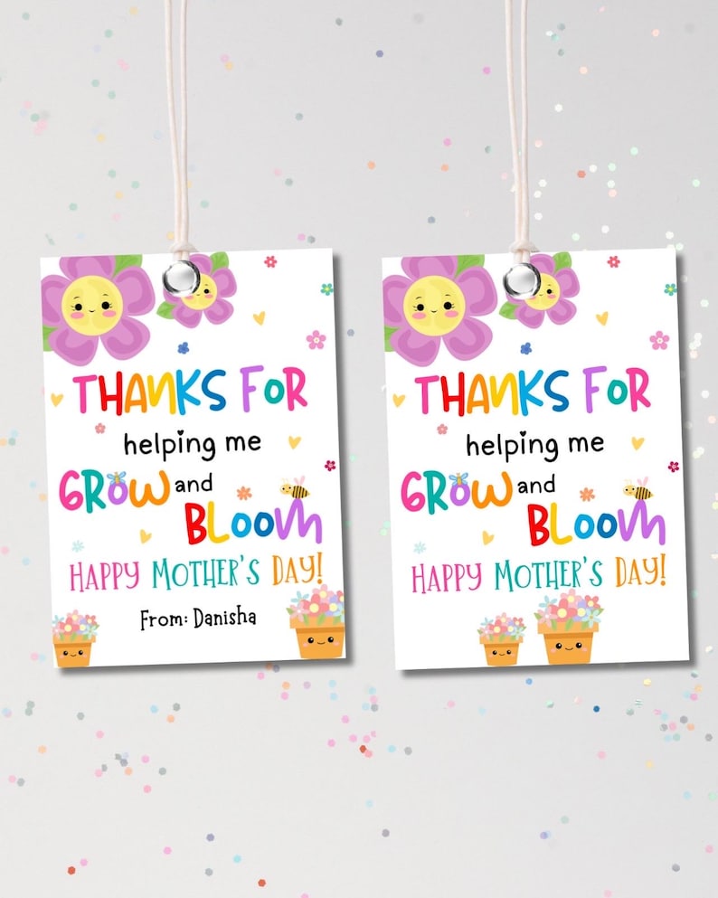 Grow and Bloom Mother's Day Gift Tag Printable, Cute Flower Gift Tags ...