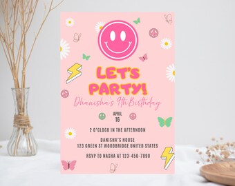 Pink Smiley Face Birthday Invite Template, Preppy Smiley Face Instant ...