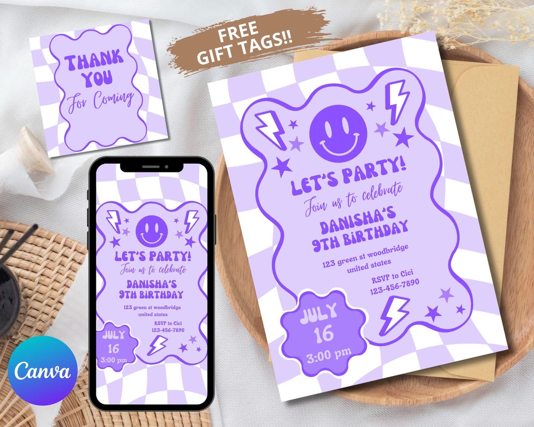 Purple Birthday Invites Girl, Preppy Invitation Template, Checkered ...