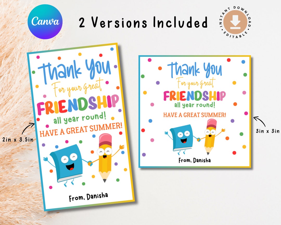 Friendship End of School Classroom Gift Tag End of Year Gift Tags Kids ...