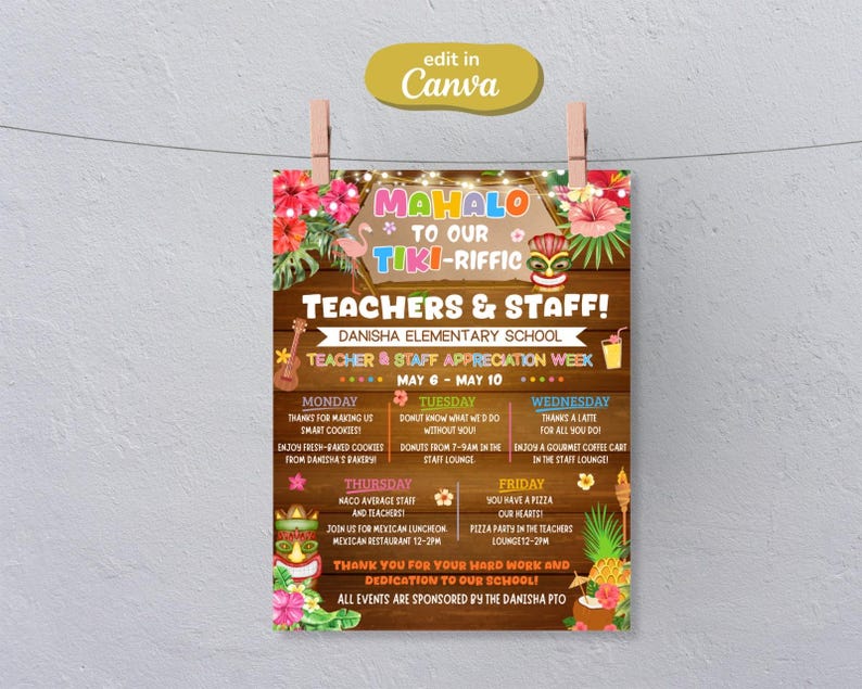 Editable Luau Theme Teacher Appreciation Itinerary Flyer (digital ...