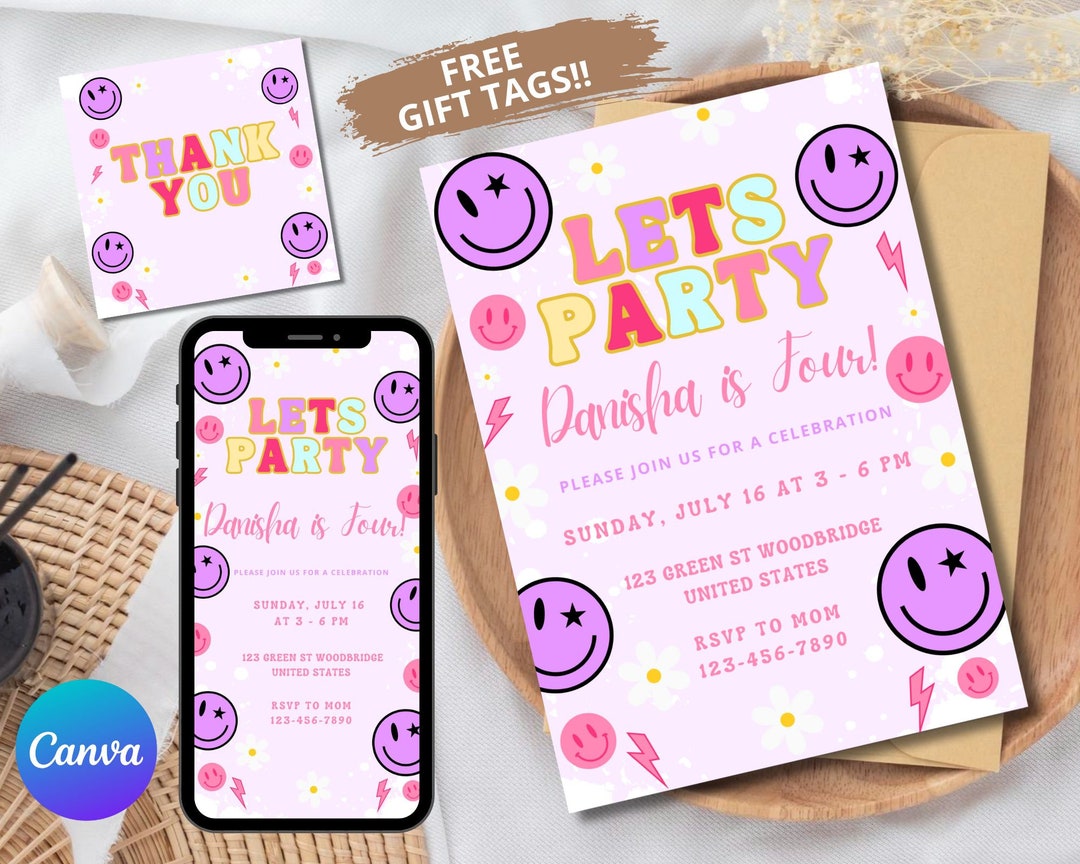 Editable Preppy Let's Celebrate Birthday Invitation for Girl Template ...