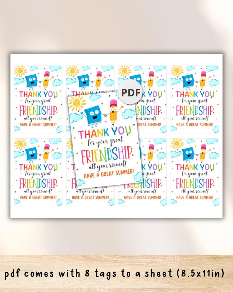 Friendship End of School Classroom Gift Tag End of Year Gift Tags Kids ...