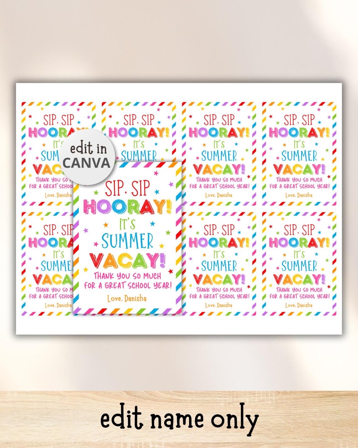 Sip Sip Hooray It's Summer Vacay Gift Tag Template, Printable Teacher ...