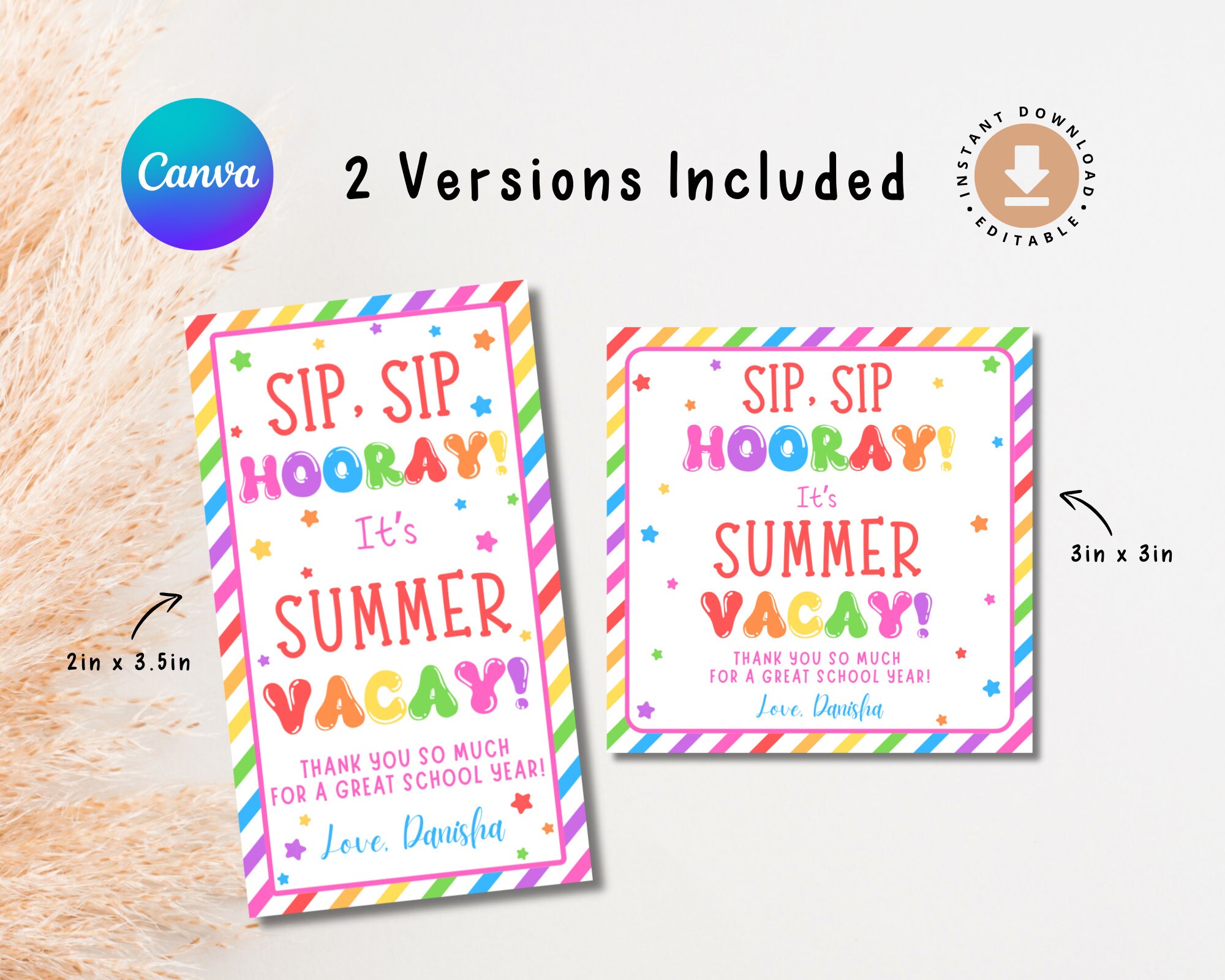 Sip Sip Hooray It's Summer Vacay Gift Tag Template, Printable Teacher ...
