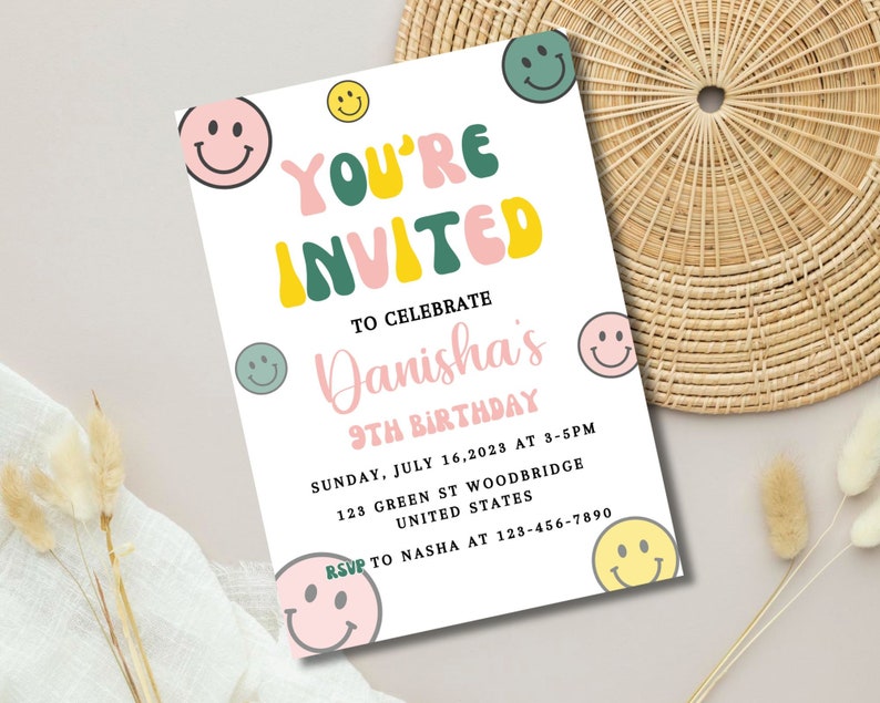 Editable Smileys Birthday Party Invitation Template, Smiley Faces ...