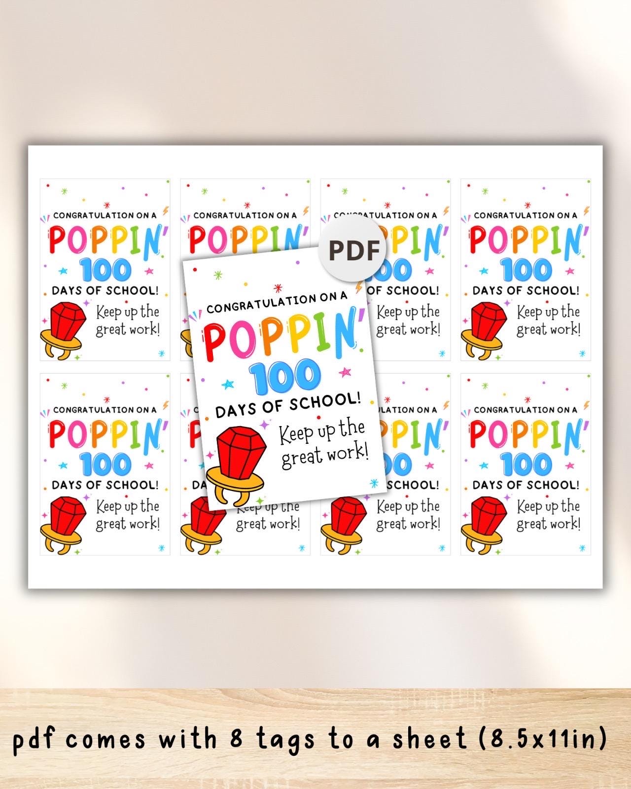 Printable Candy Ring 100 Days of School Tag, Poppin 100 Days Card, Gift ...