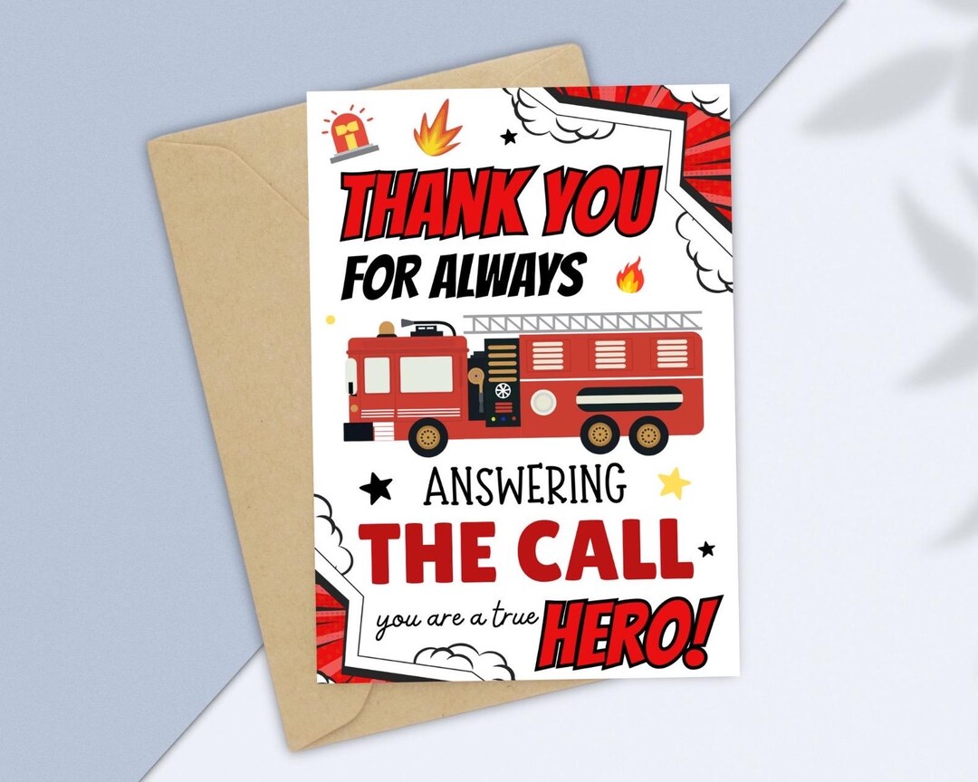 Firefighter Card Printable, Firefighter Thank You Card,firefighter ...