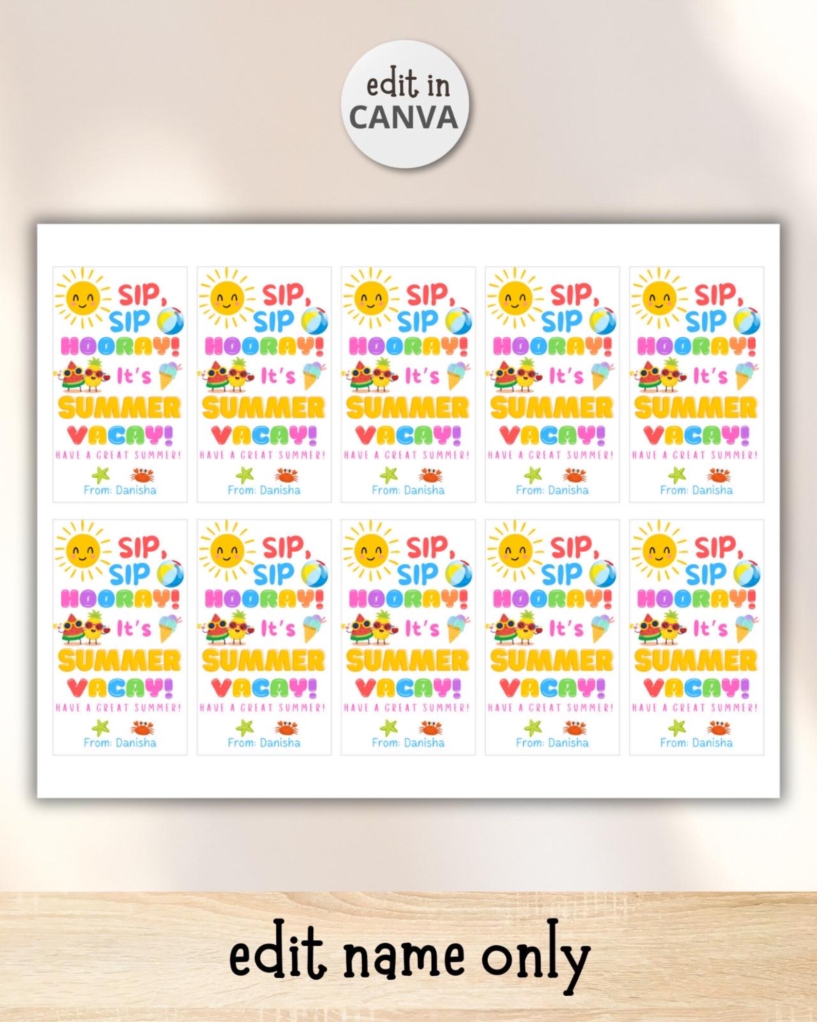 Sip Sip Hooray It's Summer Vacay Gift Tag Template, Printable Teacher ...