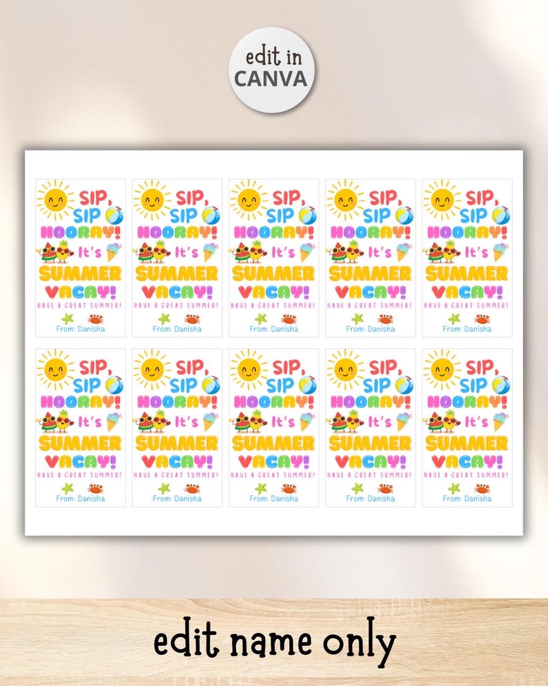 Sip Sip Hooray It's Summer Vacay Gift Tag Template, Printable Teacher ...
